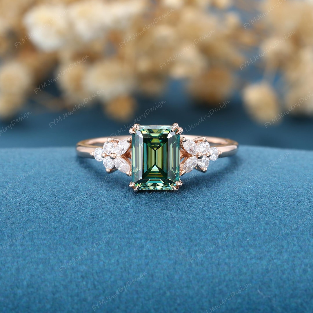 Nature Inspired Emerald Cut Green Moissanite Engagement Ring Art Deco ...