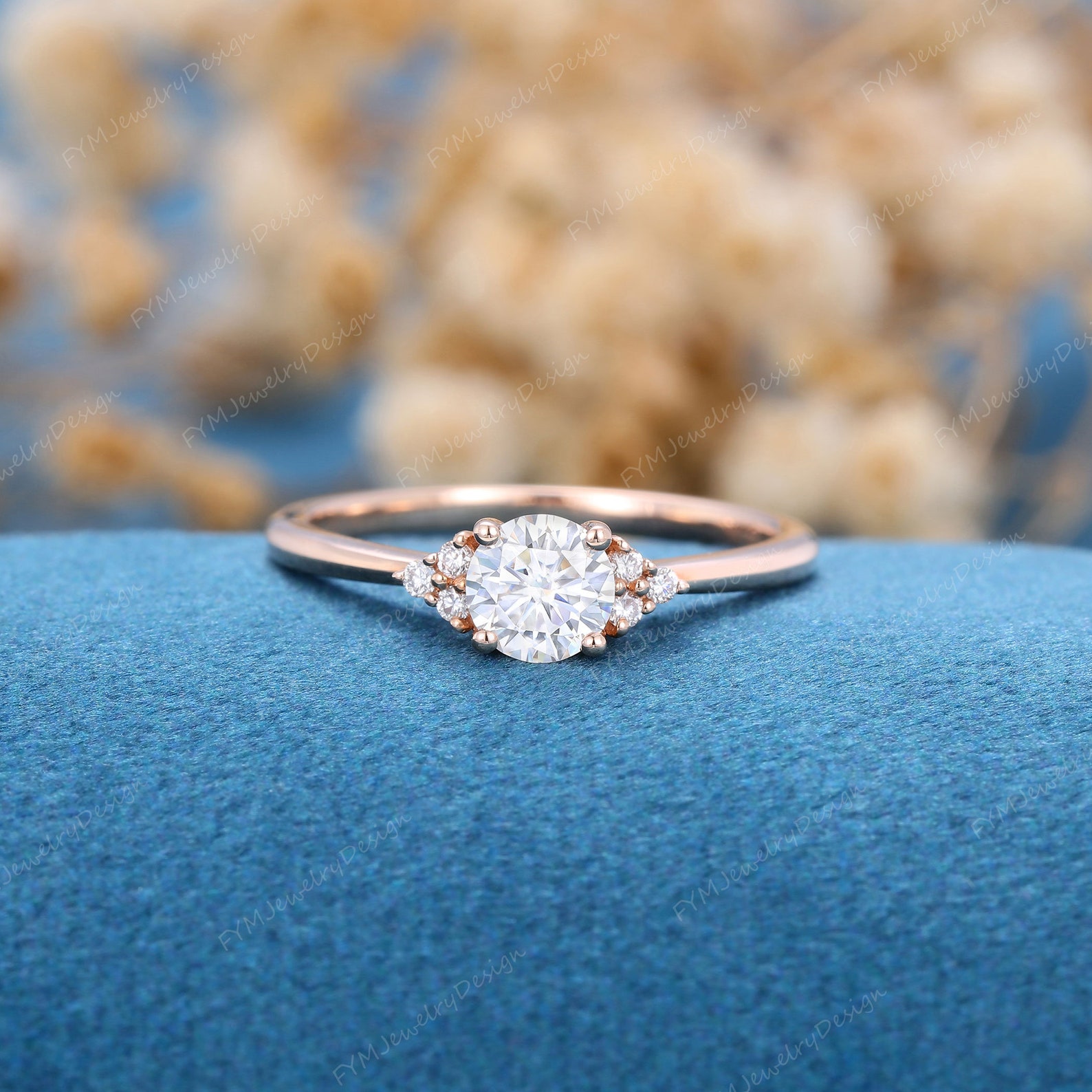 Unique Moissanite Engagement Ring Rose Gold Diamond Cluster Engagement ...
