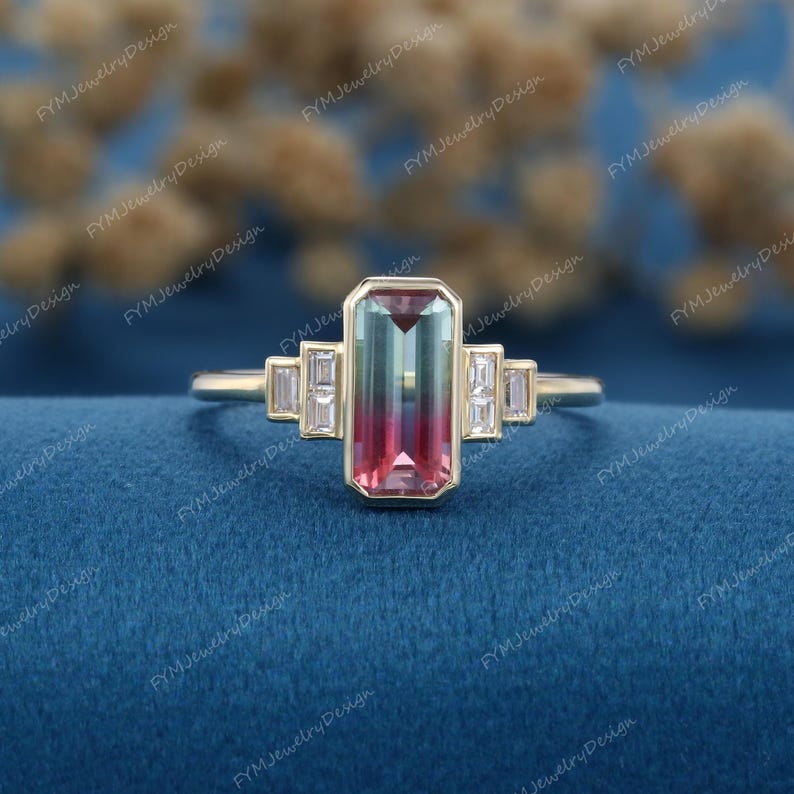 Emerald Cut Watermelon Tourmaline Engagement Ring Unique Rose Gold ...