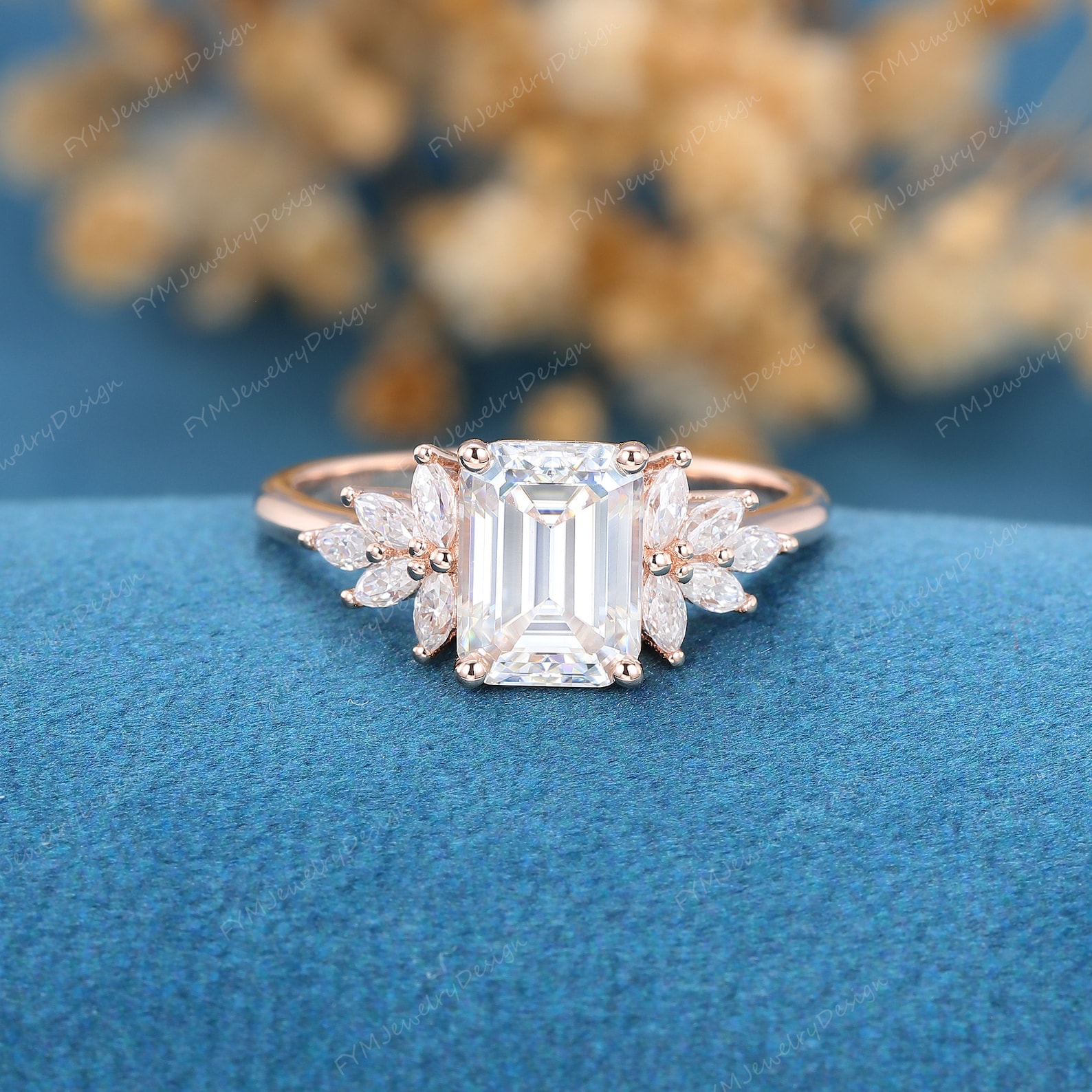 2pcs Emerald Cut Moissanite Engagement Ring Rose Gold Cluster | Etsy