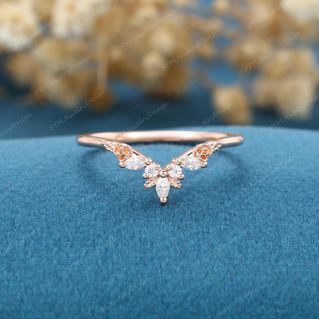 Unique Curved Art Deco Rose Flower Wedding Band Marquise Moissanite ...
