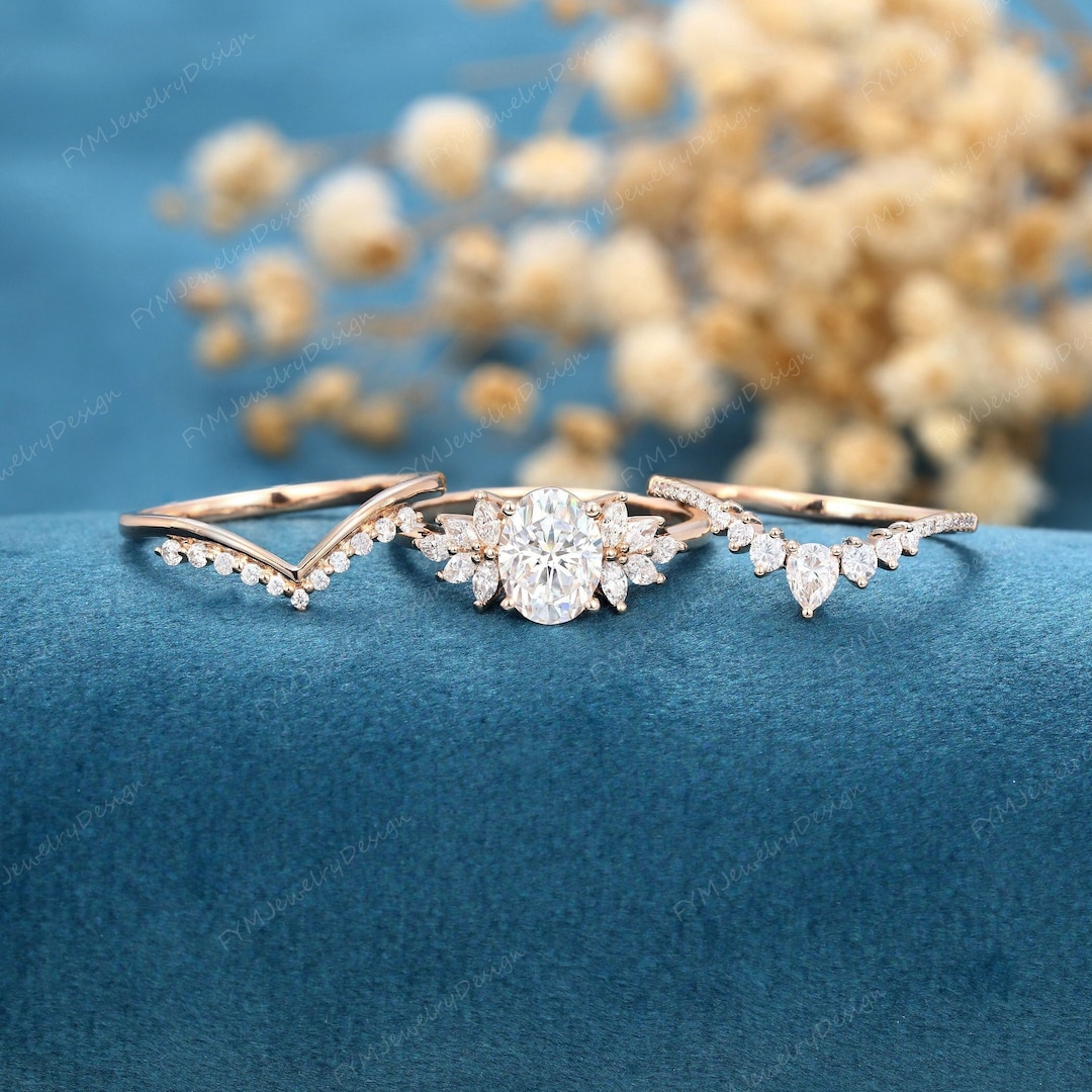 3PCS Oval Cut Rose Gold Moissanite Engagement Ring Set Vintage Marquise Cluster Engagement Ring ...