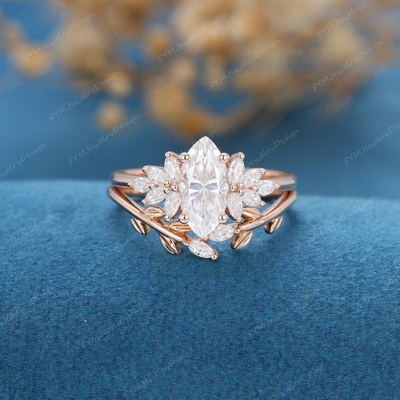 2PCS Unique Marquise Cut Moissanite Engagement Ring Vintage - Etsy
