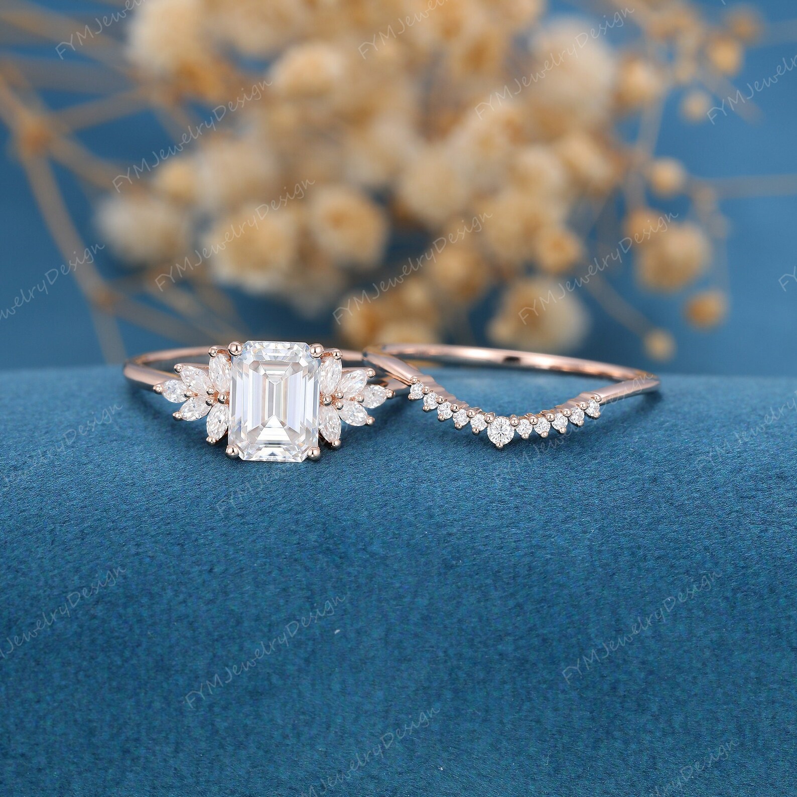 2pcs Emerald Cut Moissanite Engagement Ring Rose Gold Cluster | Etsy