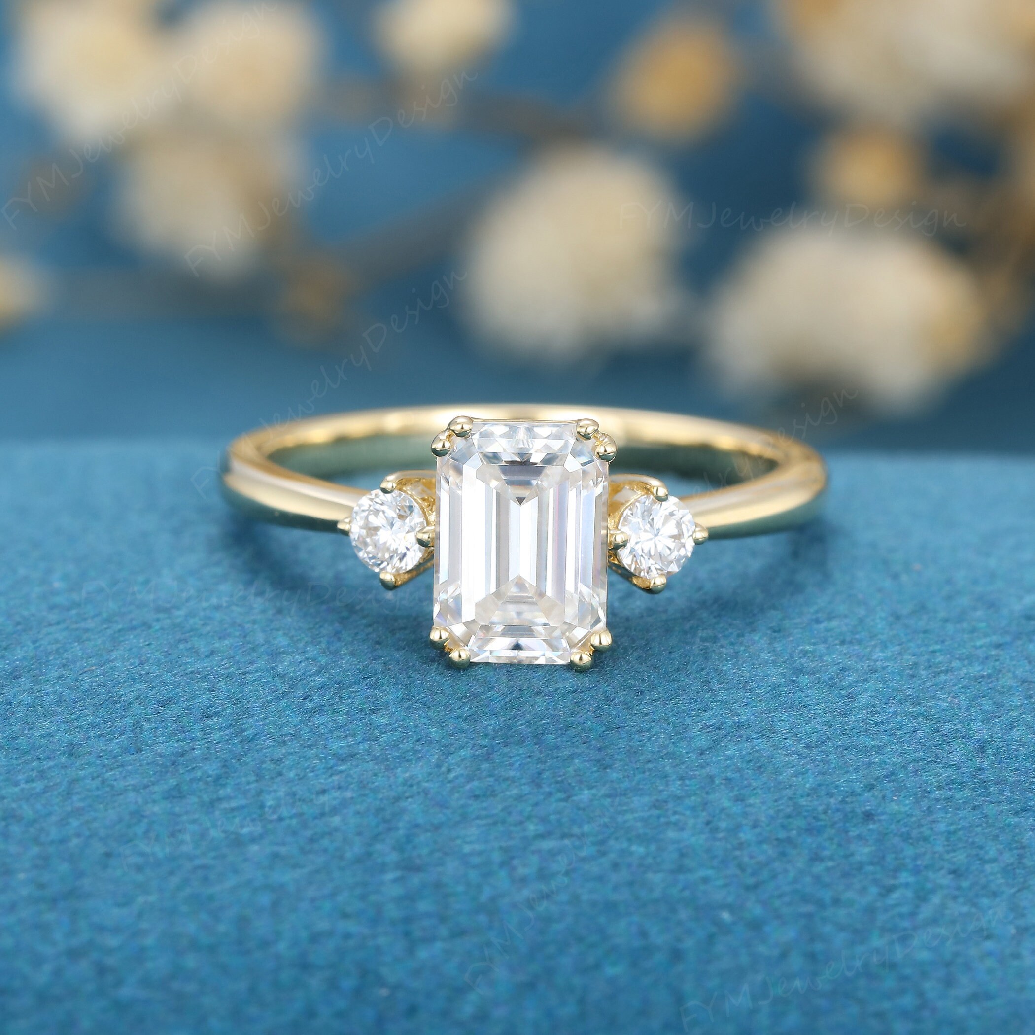 Emerald cut Moissanite engagement ring Yellow gold Simple | Etsy