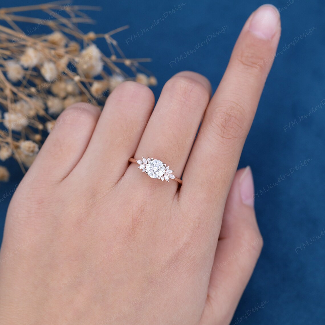 Round Cut Cluster Moissanite Engagement Ring Vintage 14K Rose - Etsy
