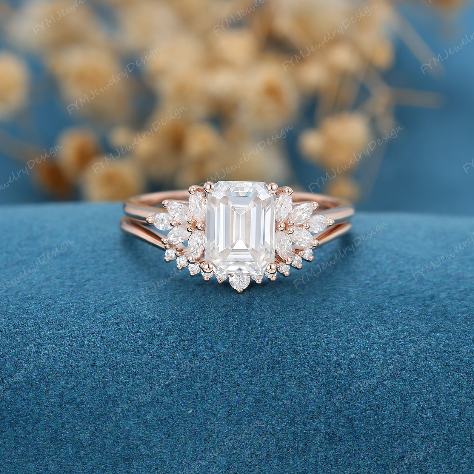 2pcs Emerald Cut Moissanite Engagement Ring Rose Gold Cluster | Etsy