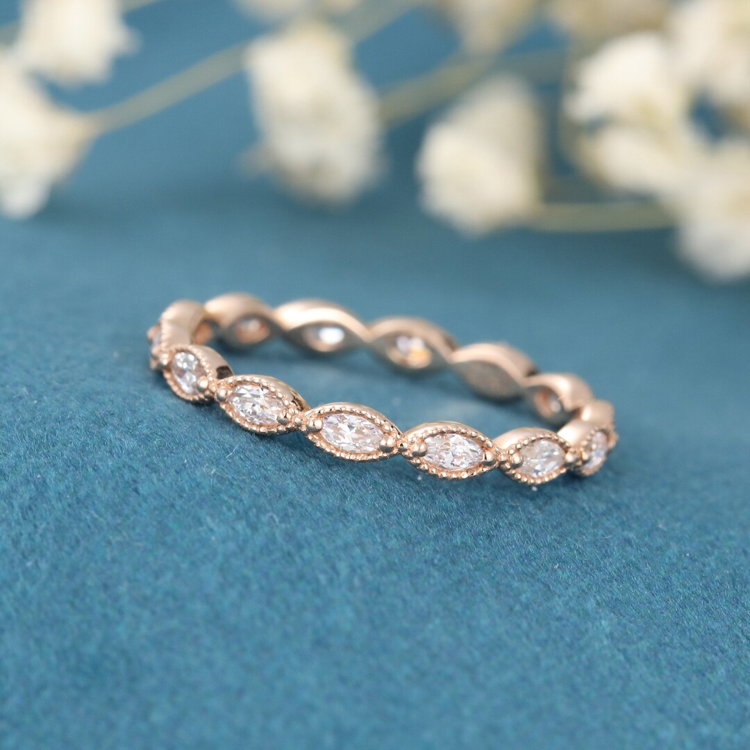 Unique Rose Gold Wedding Band Women Vintage Marquise Cut - Etsy