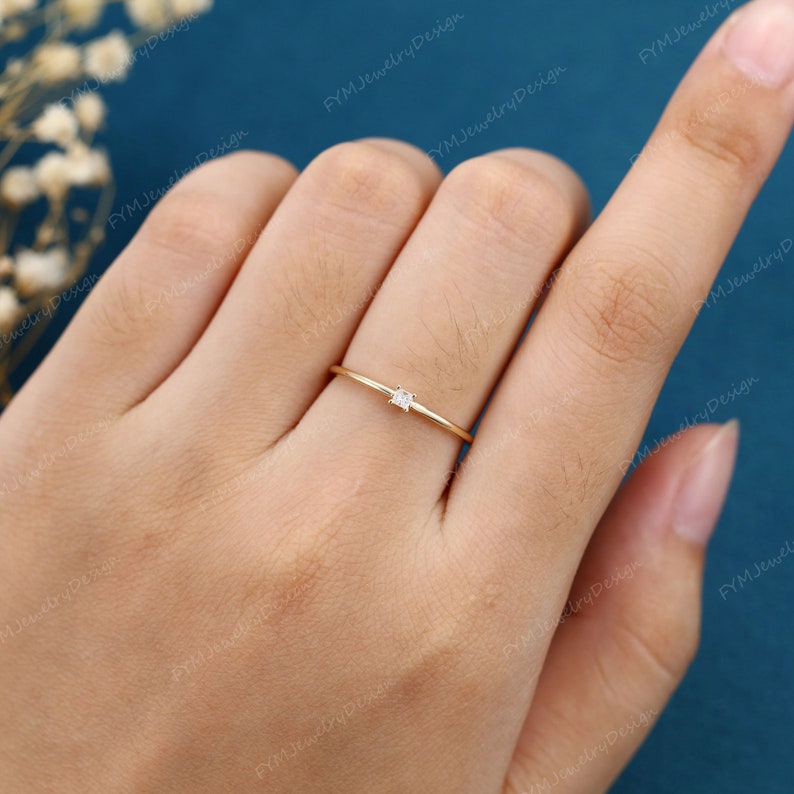 Minimalist Diamond Engagement Ring 14K Yellow Gold Everyday Square Cut ...