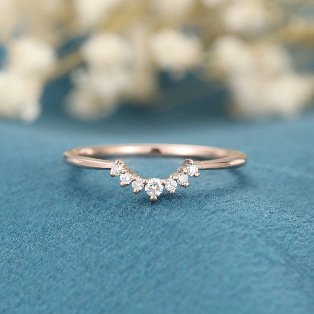 14K Rose Gold Cluster Moissanite Curved Wedding Band Diamond Stacking ...