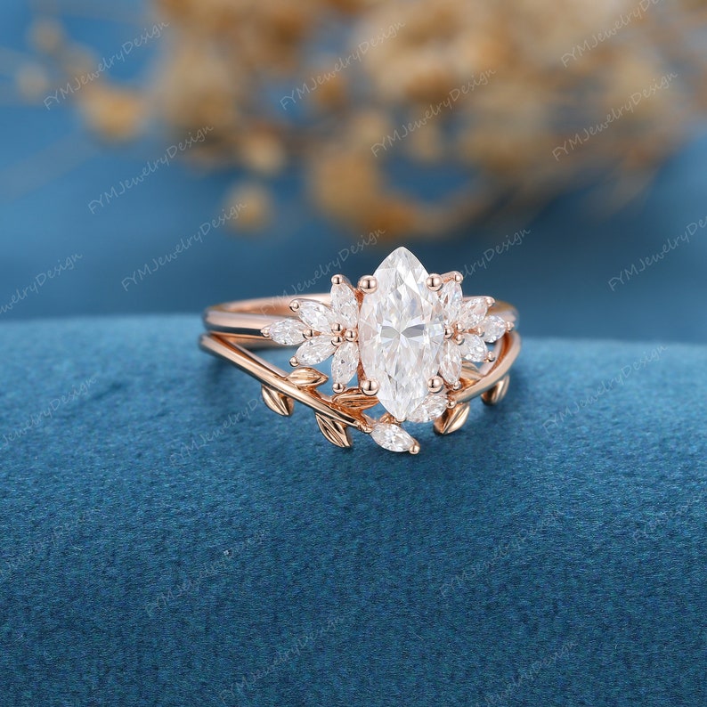 2PCS Unique Marquise Cut Moissanite Engagement Ring Vintage - Etsy