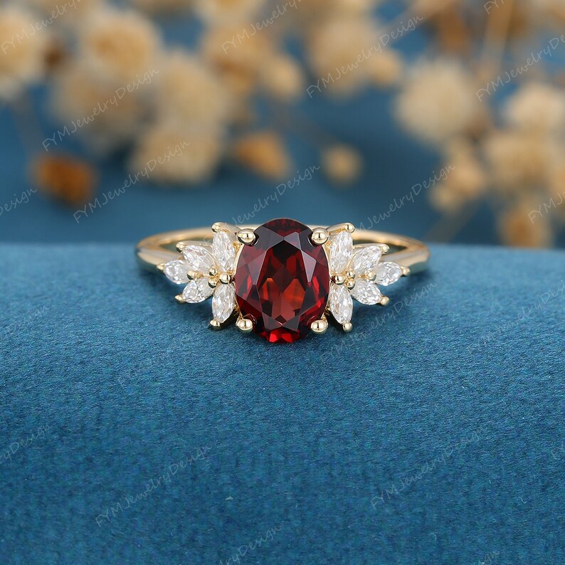 Vintage Oval Garnet Engagement Ring Sets Solid 14K Rose Gold Marquise ...
