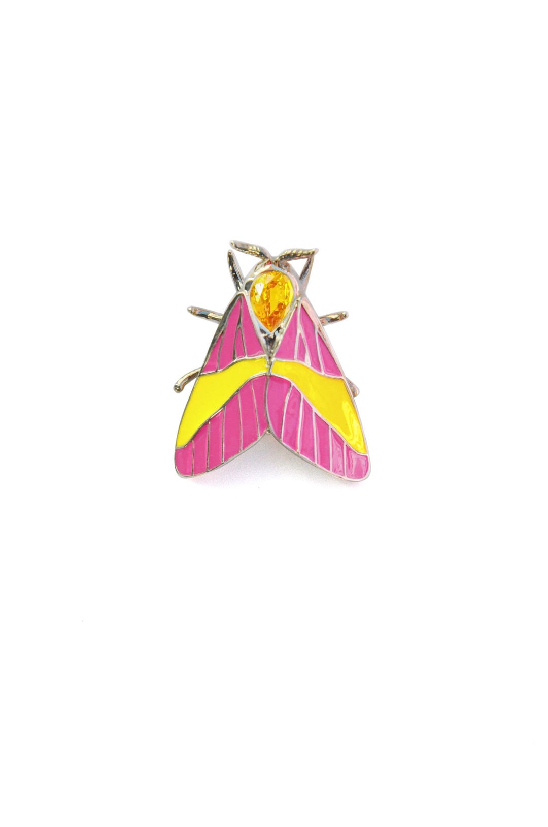 Rosy Maple Moth Pendant – Enamel Wings, Blue Gem Eyes & Yellow Crystal ...