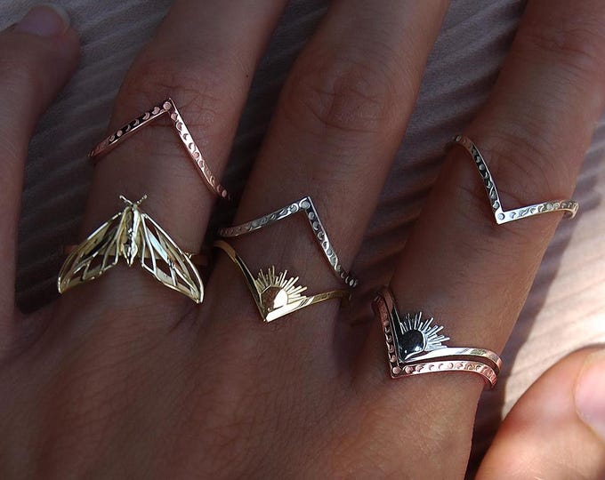 Chevron Sun and Moon Stacking Rings, Dainity Celestial Rings, Sun and ...