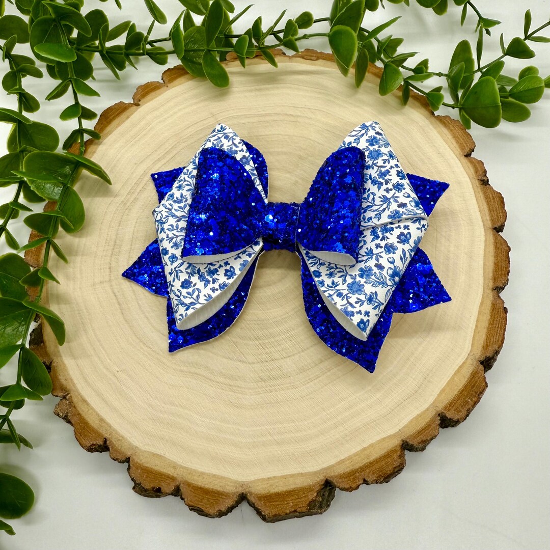 Blue Floral Glitter Faux Leather Hair Bow, Sarina Style Bow - Etsy