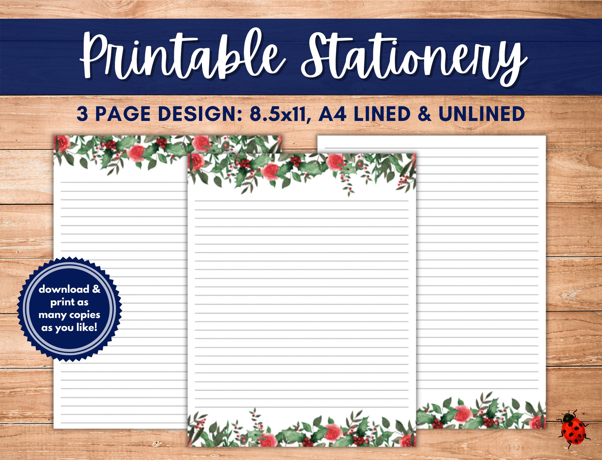 Roses Printable Letter Writing Paper Instant Download PDF Lined Unlined ...