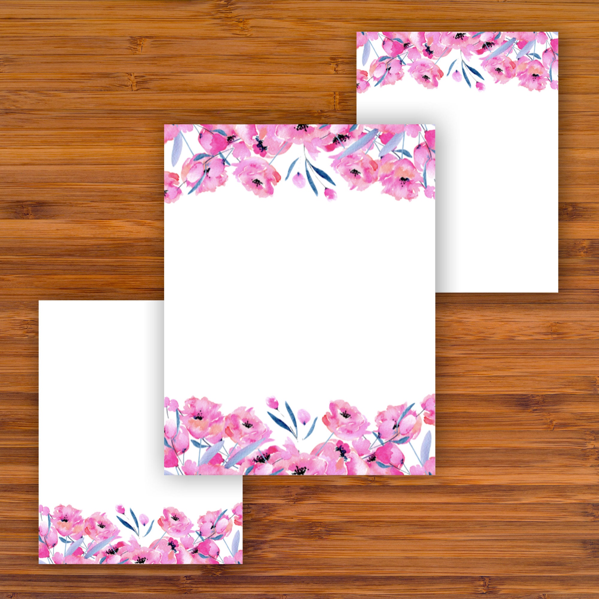 Printable Stationery Pink Watercolor Flowers A4 8 5x11 Etsy