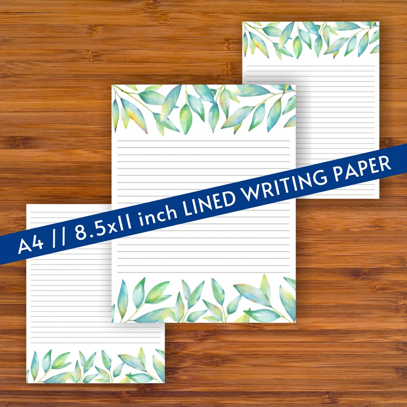 Printable Lined Writing Paper: Green Watercolor Leaves A4 | Etsy