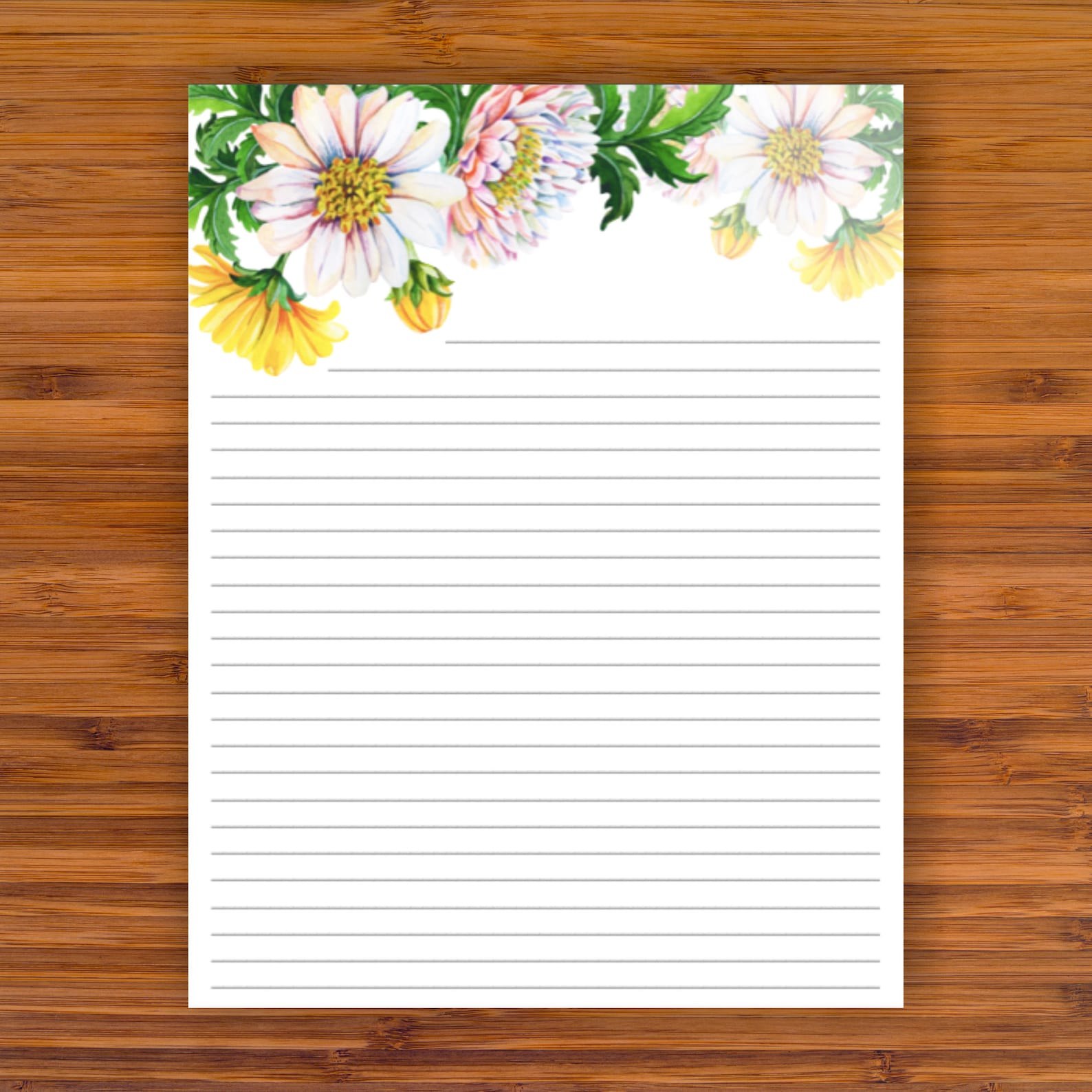 Printable Lined Writing Paper: Pink & Yellow Spring Flowers | Etsy