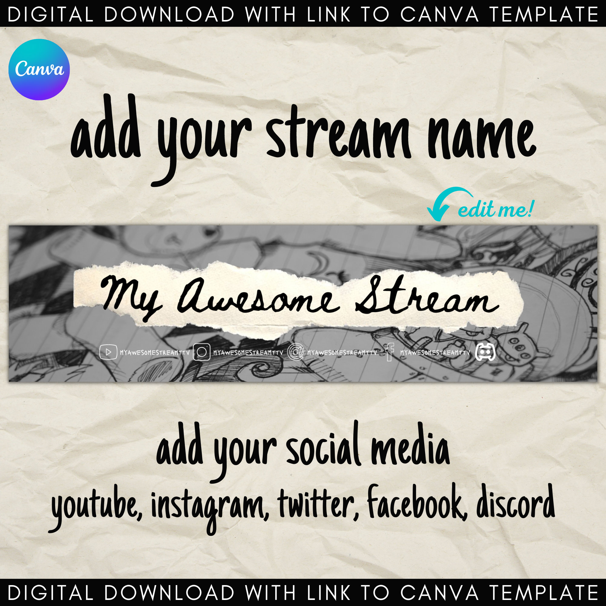 Sketch Twitch Banner Canva Template, Personalized Twitch Stream and ...