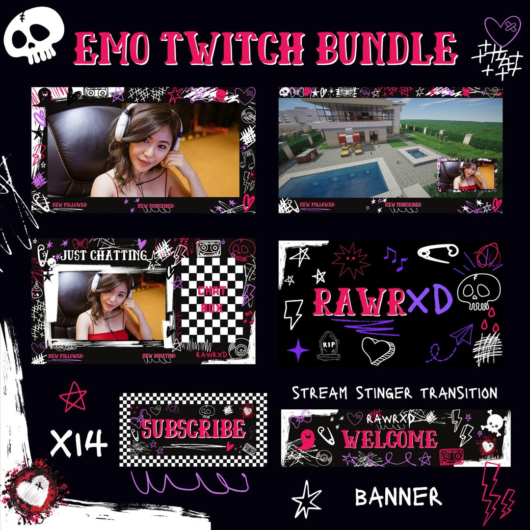 Pink Emo Twitch Overlay Bundle, Static Stream Package, Twitch Banner ...