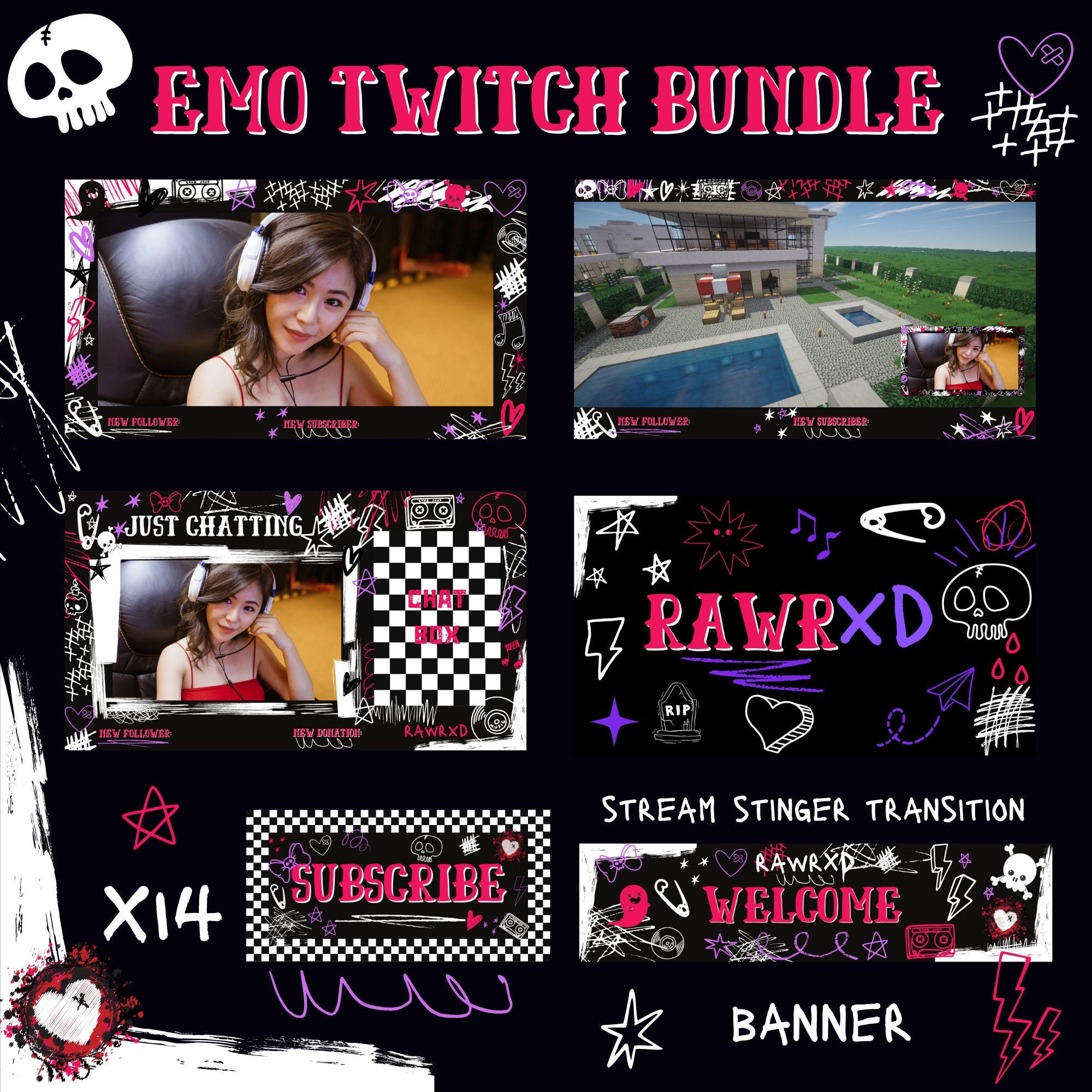 Pink Emo Twitch Overlay Bundle, Static Stream Package, Twitch Banner ...