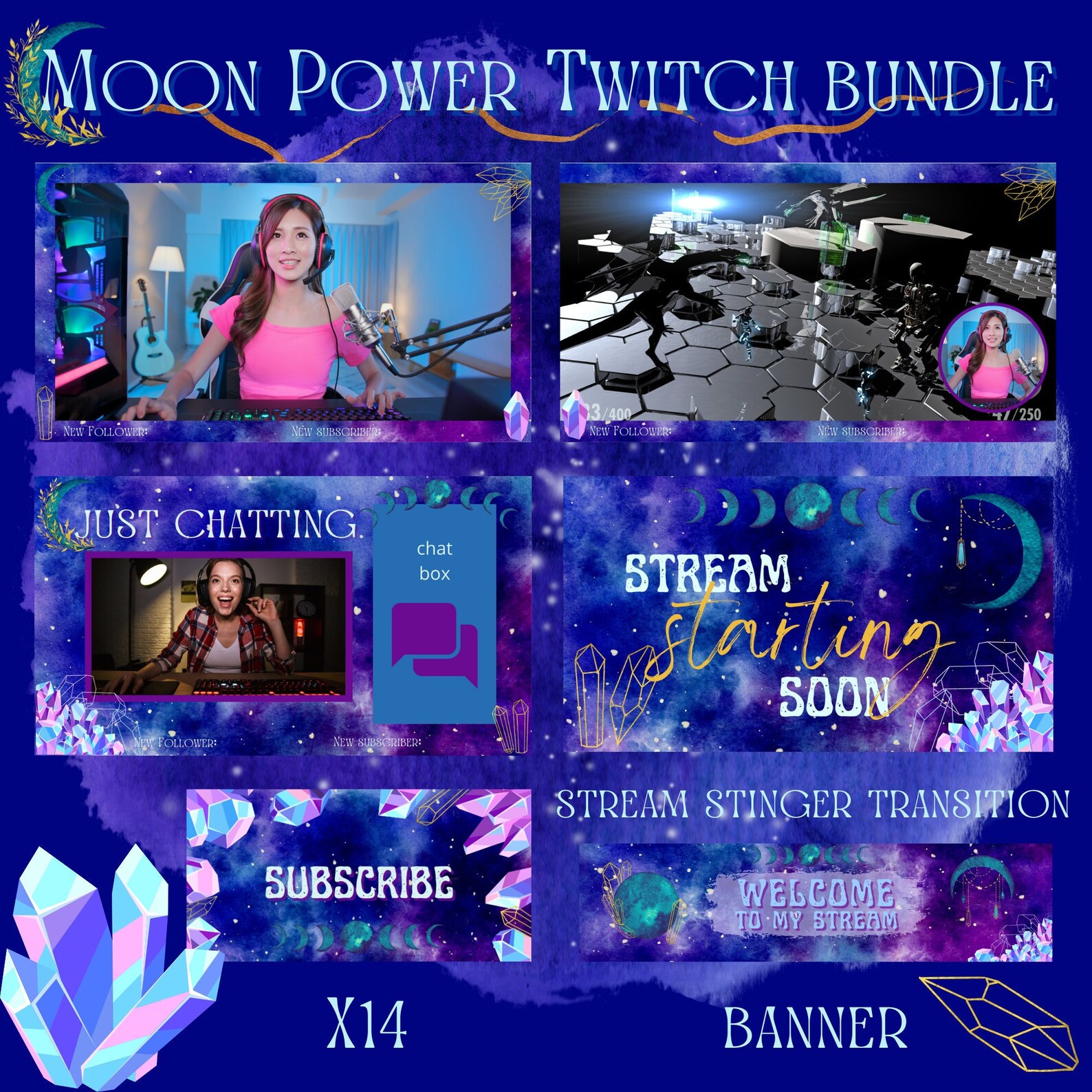 Moon and Crystal Overlay Bundle Static Stream Package Twitch - Etsy
