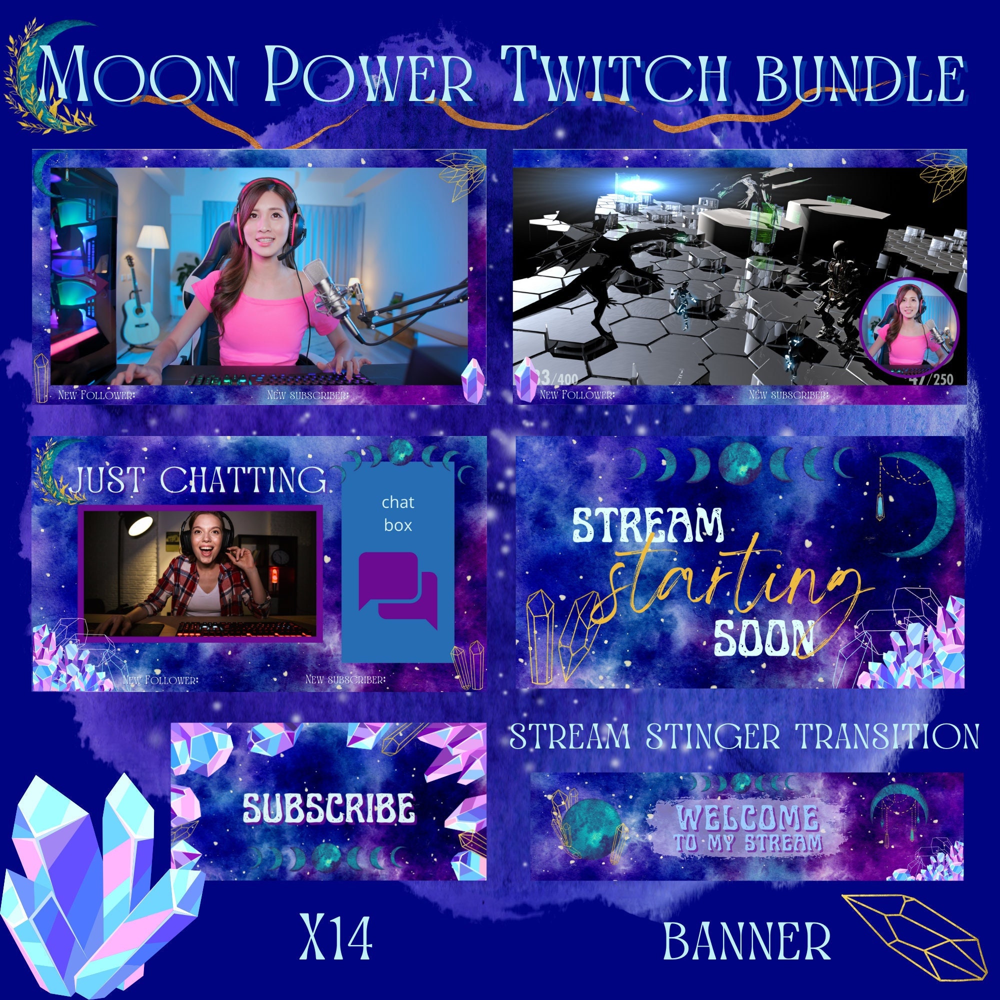 Moon and Crystal Overlay Bundle, Static Stream Package, Twitch Banner ...