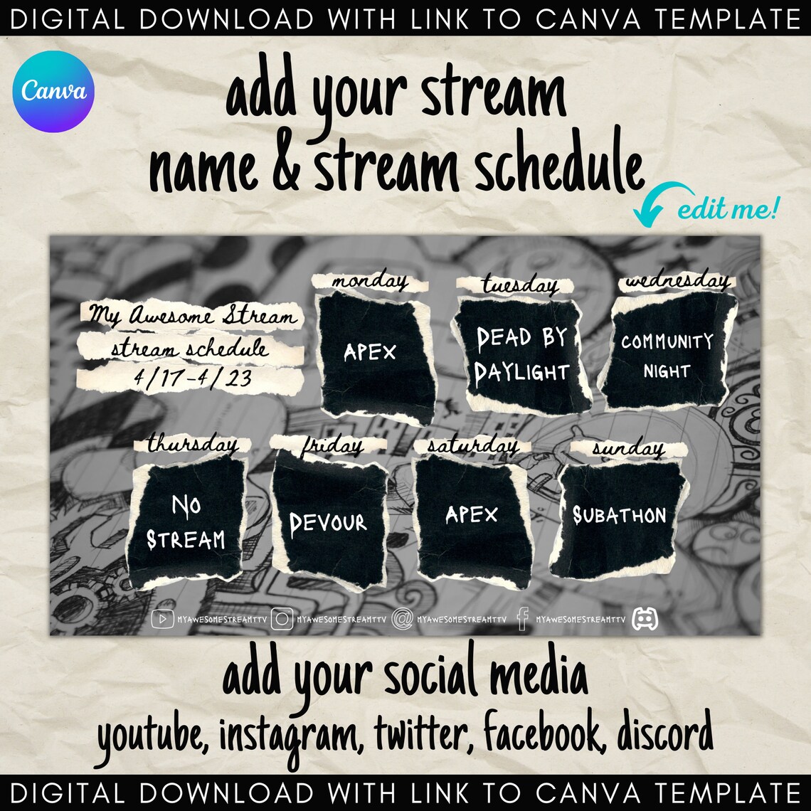 Sketch Stream Schedule Canva Template, Personalized Twitch Stream ...