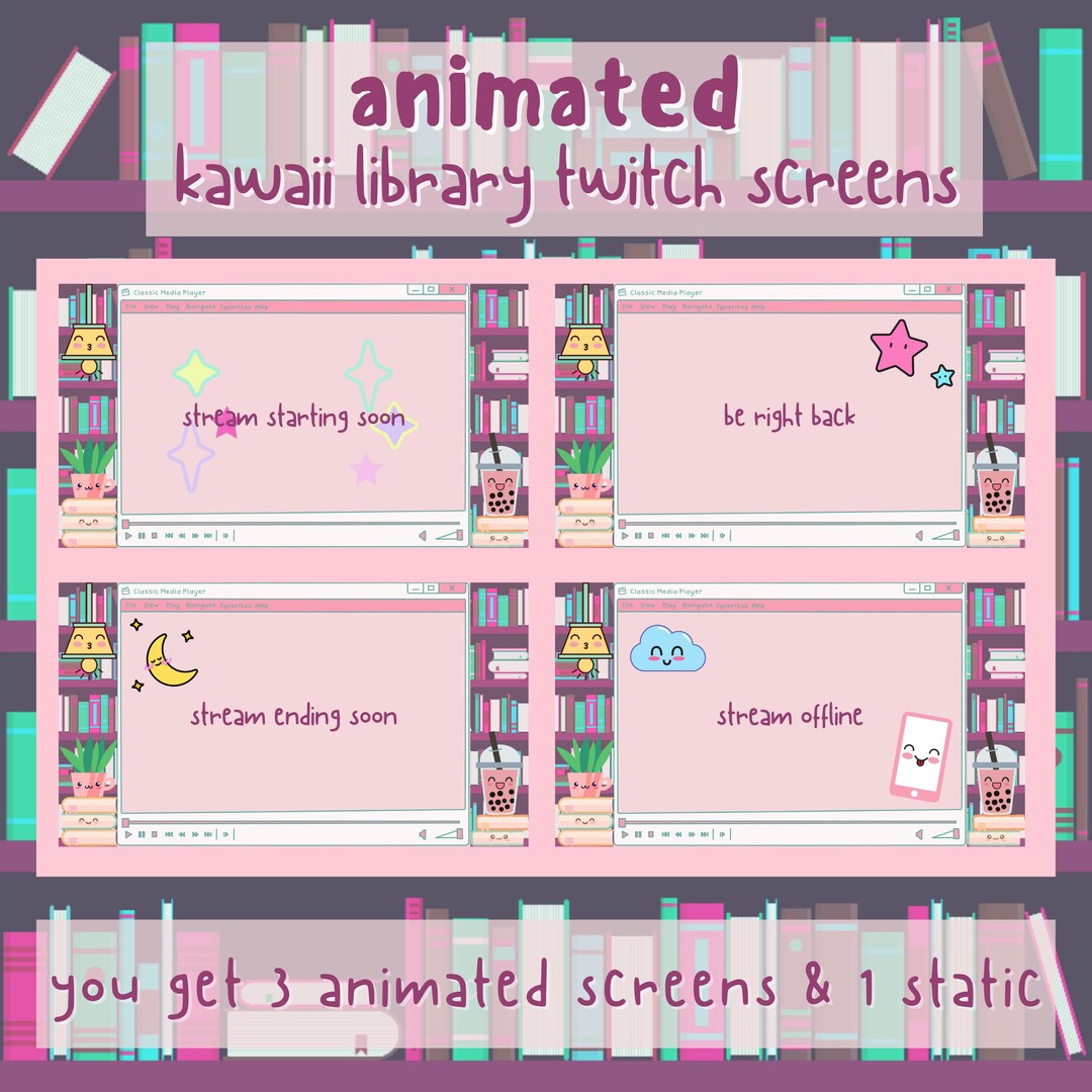 Pink Kawaii Library Themed Animated Video Game Streaming Screens ...