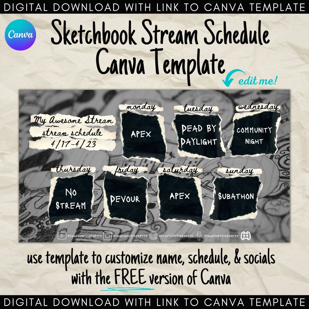 Sketch Stream Schedule Canva Template, Personalized Twitch Stream ...