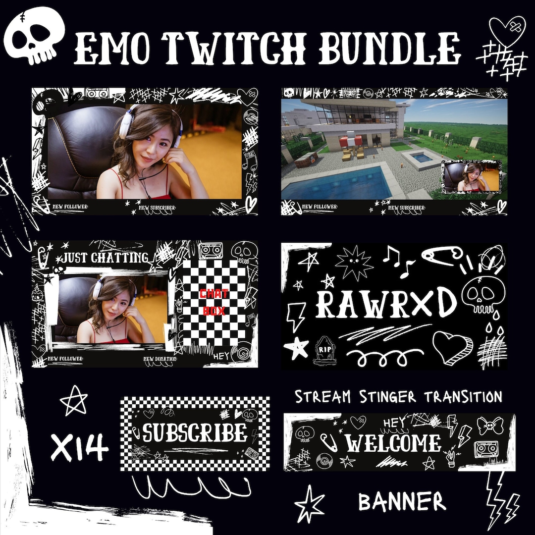 Emo Twitch Overlay Bundle, Static Stream Package, Twitch Banner, Doodle ...