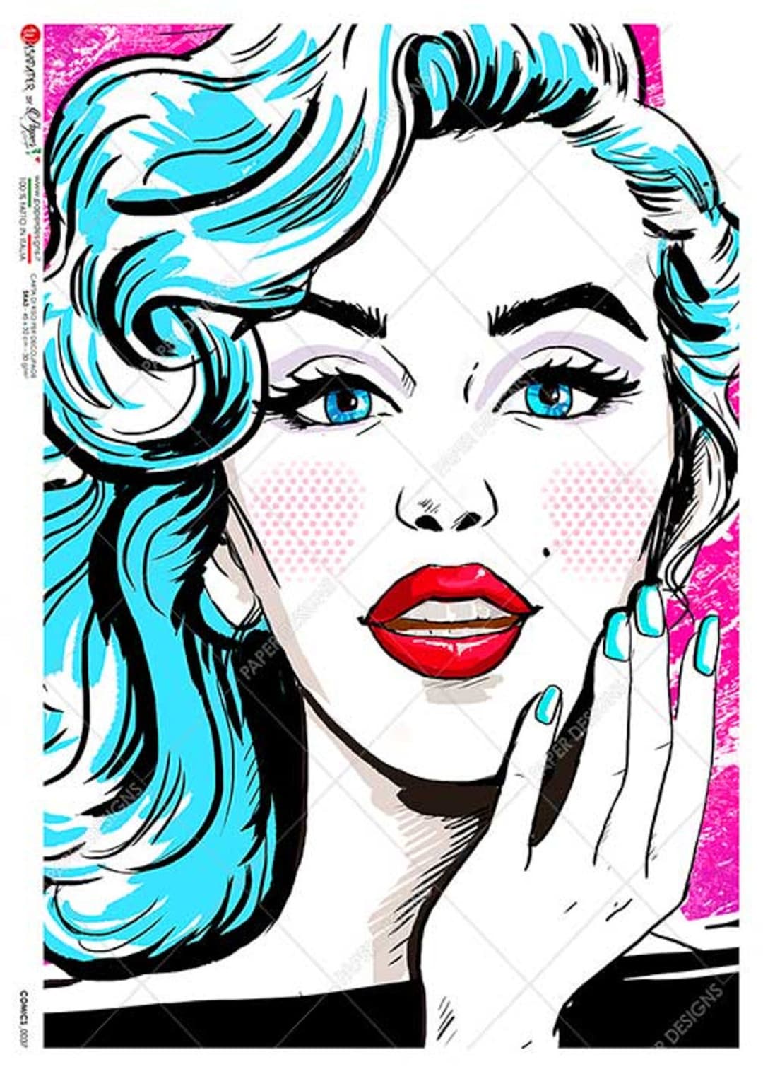 Paper Designs Pop Art Blue Hair Drawing Rice Paper, Decoupage Size A2 ...