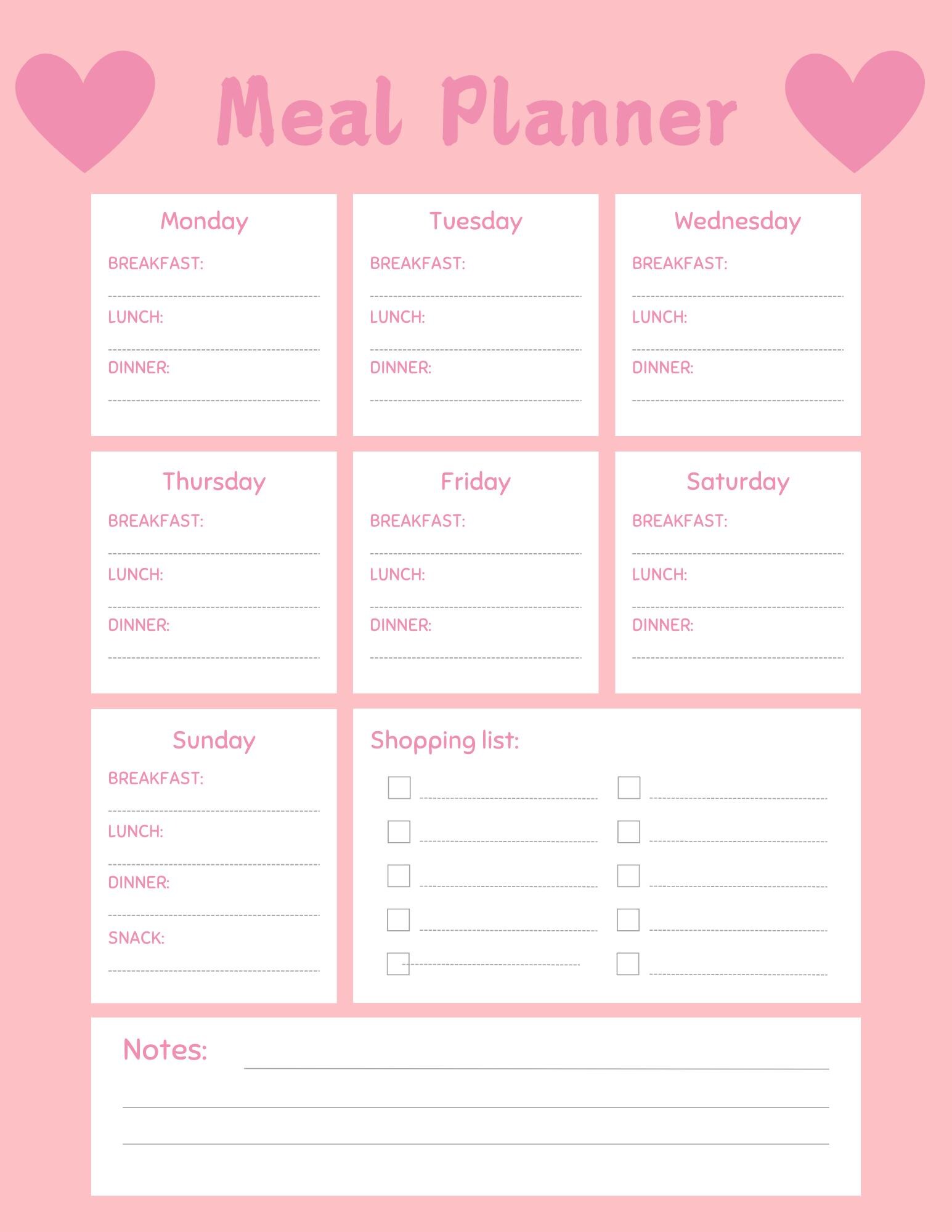 Digital Cute Pink Meal Planner Template, Meal Planning Printable ...