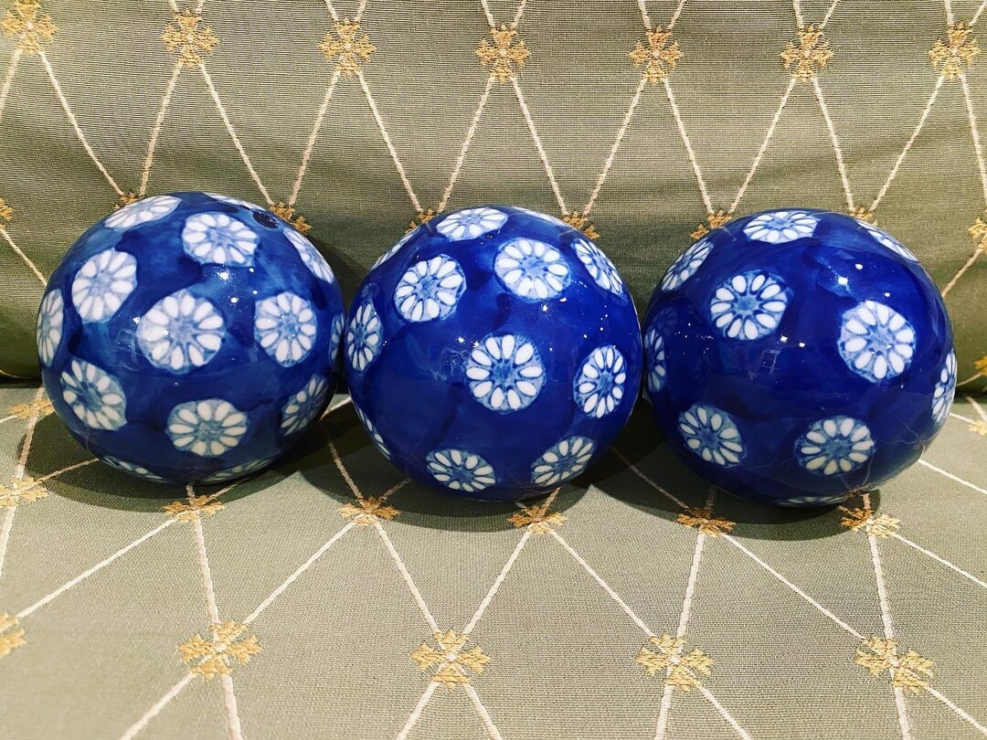 Set of Three Blue and White Ceramic Carpet Balls. These Are 3.5 Inches ...