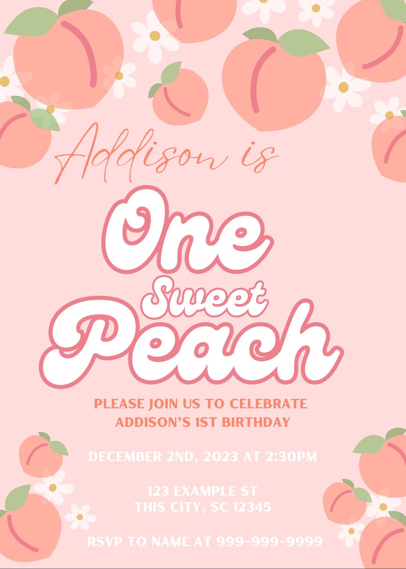 One Sweet Peach Birthday Invitation - Etsy