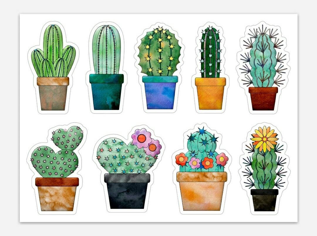 Cute Cactus Sticker Set, Sheet of 9 Vinyl Cactus Stickers, Waterproof ...