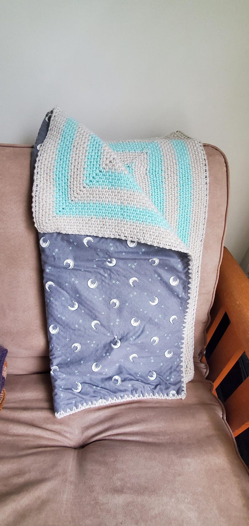 Crocheted Infinity Granny Square Blanket With Moon and Stars Flannel ...