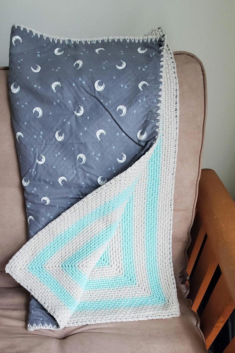 Crocheted Infinity Granny Square Blanket With Moon and Stars Flannel ...