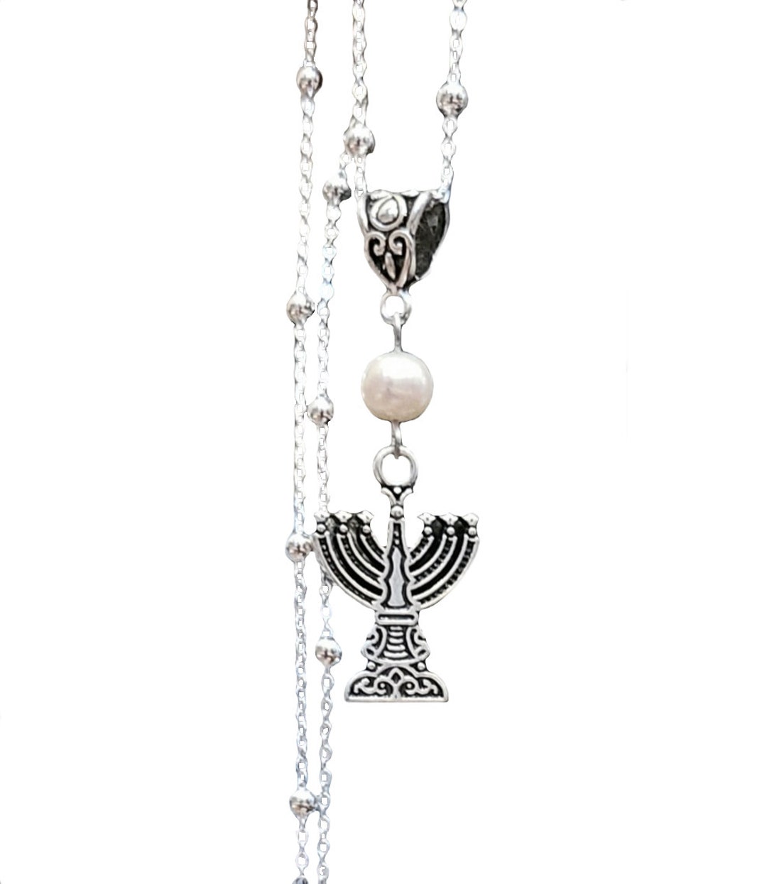 Menorah Jewish Pearl Necklace Handmade on A Sterling Silver Chain - Etsy