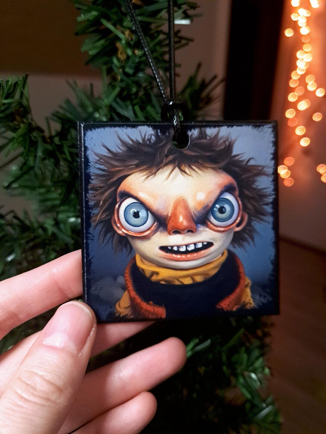 Christmas Tree Ornament Creepy Art, Wood Holiday Decor, Weird Face Boy ...