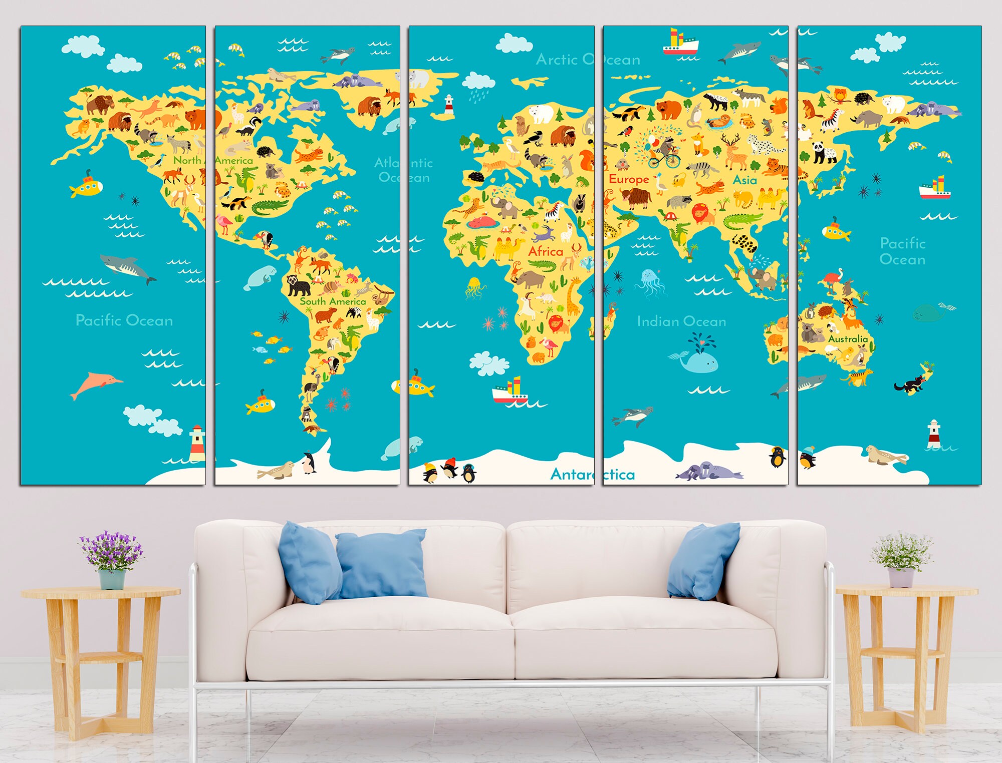 Kids World Map Animal World Map Kids Map Canvas Kids Map Art | Etsy