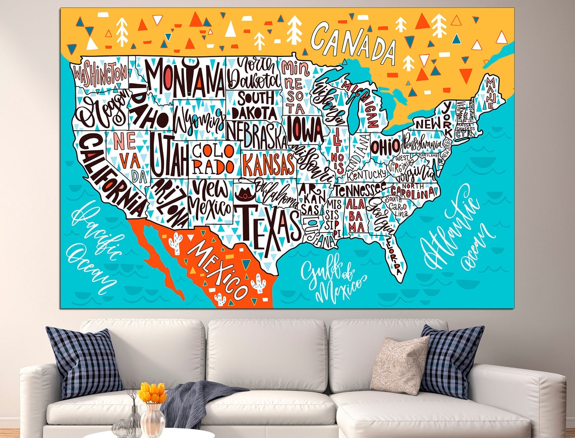 United States Print United States Map America Map USA Map Wall - Etsy