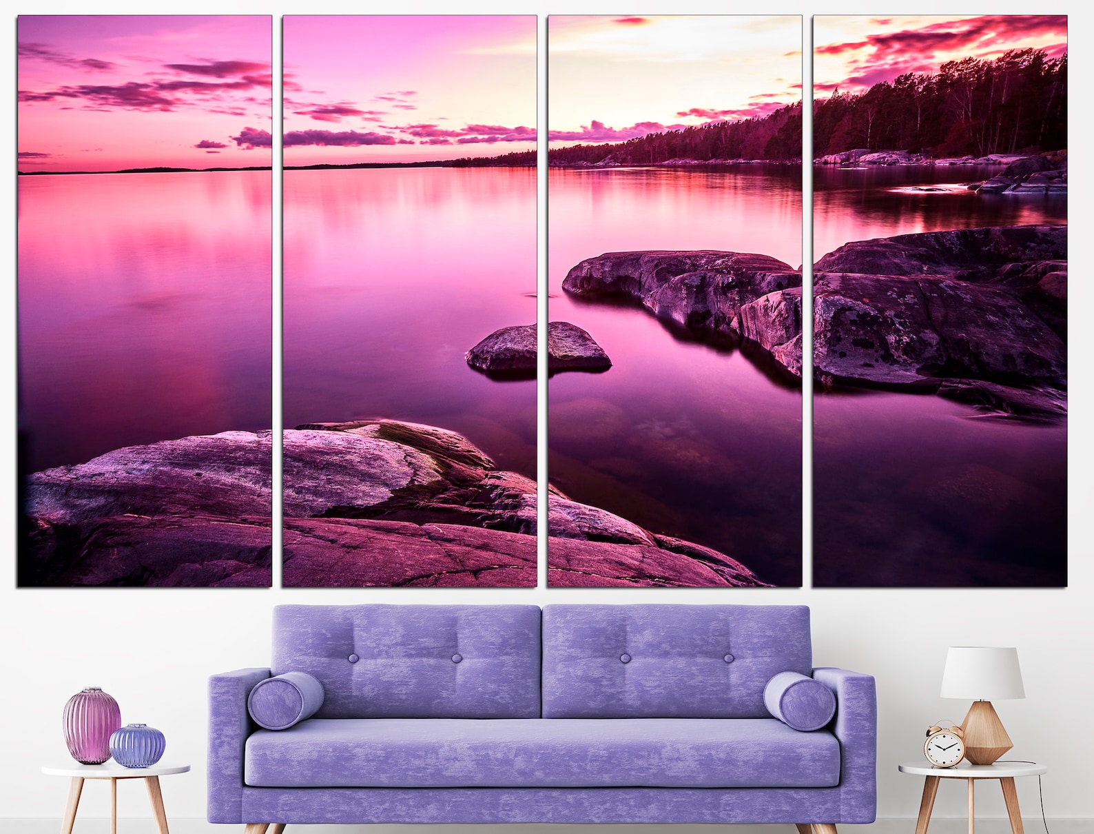 Pink Sunset Canvas Seascape Canvas Purple Sunset Pink Wall Art Sunset ...