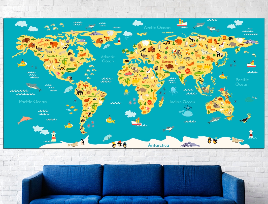 Kids World Map Animal World Map Kids Map Canvas Kids Map Art Kids Map ...