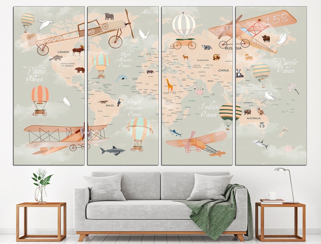 Kids World Map Canvas Wall Art Animal World Map Kids Wall Decor Large ...