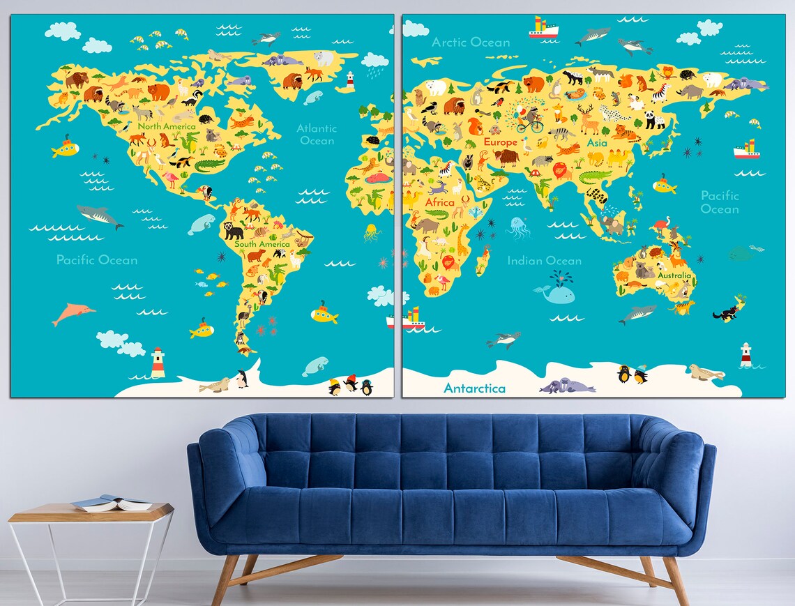 Kids World Map Animal World Map Kids Map Canvas Kids Map Art - Etsy