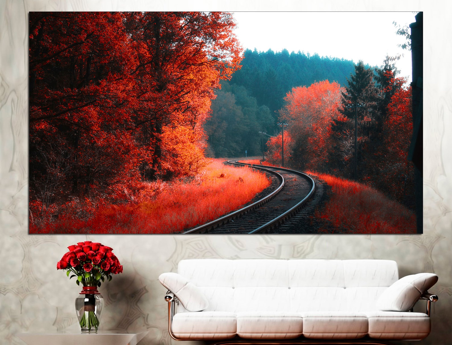 Landscape Print Set Red Forest Art Red Landscape Red and Grey Tree ...