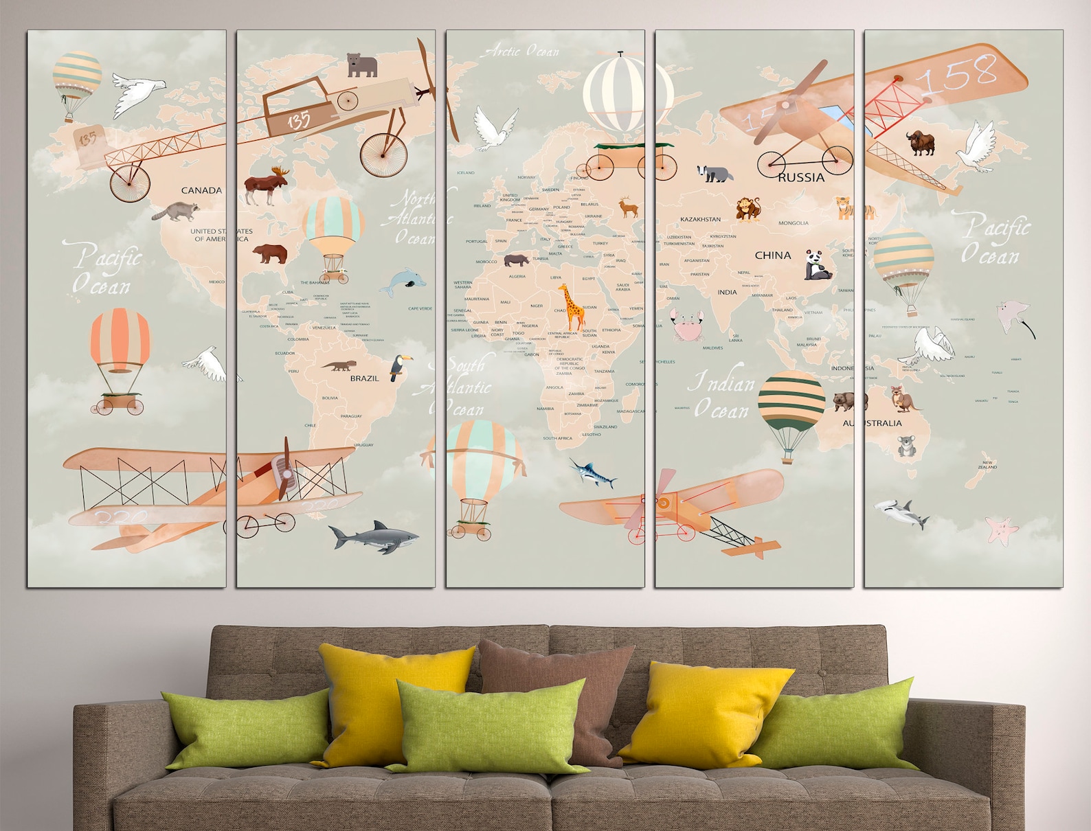 Kids World Map Canvas Wall Art Animal World Map Kids Wall Decor Large ...