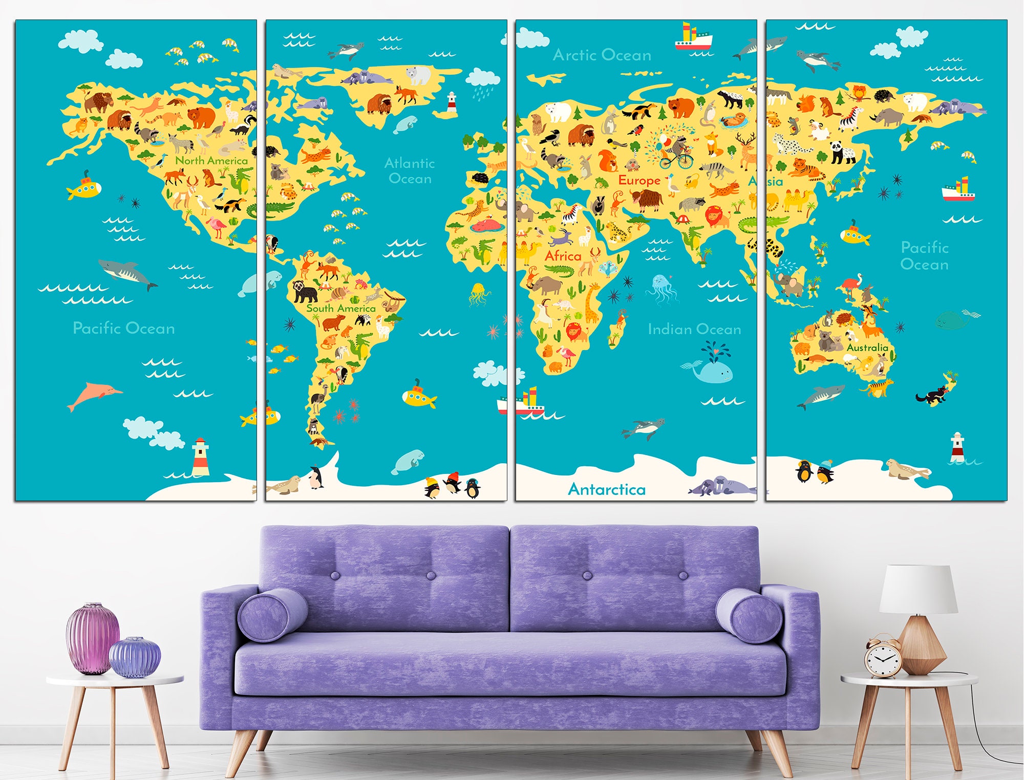 Kids World Map Animal World Map Kids Map Canvas Kids Map Art | Etsy
